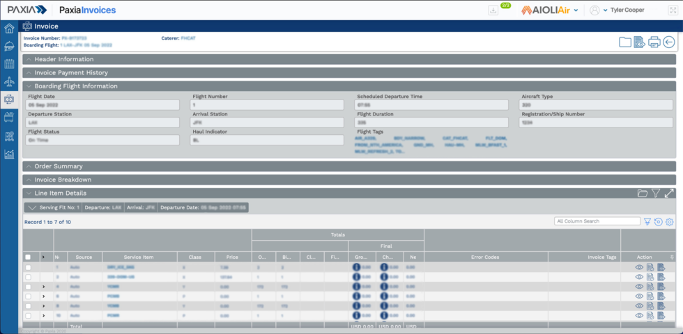 Paxia Invoices | IFX Airline Catering Invoicing Software